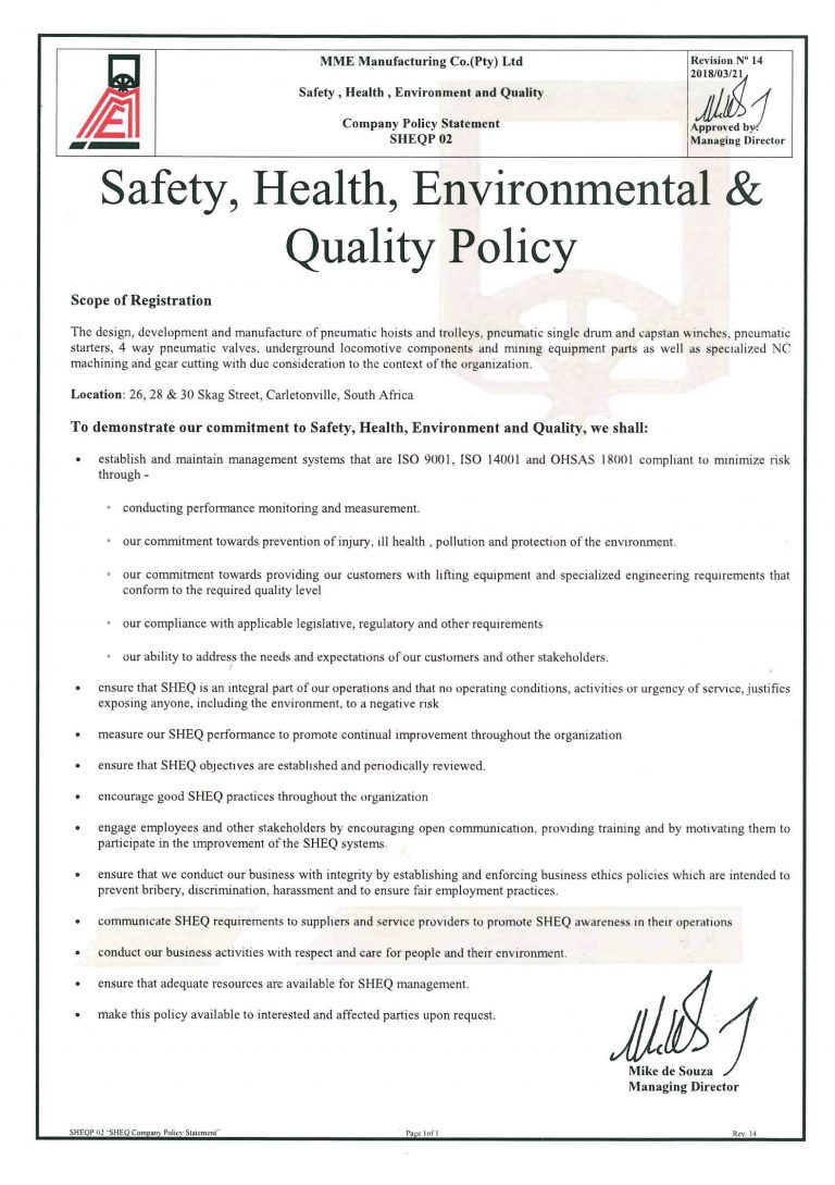 SHEQ Documents | MME Manufacturing
